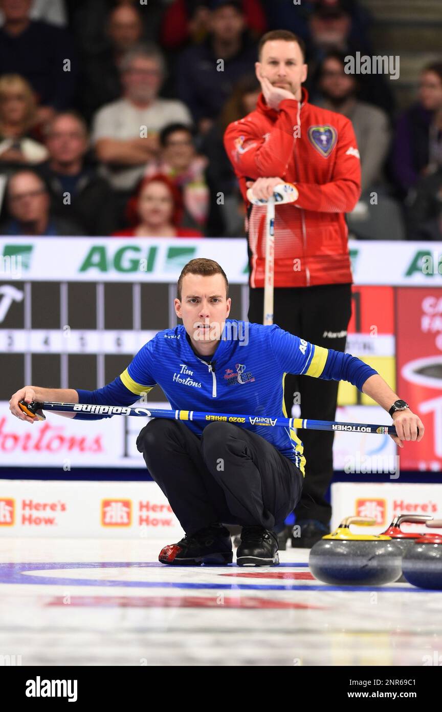 Team Alberta skip Brendan Bottcher watches a shot as Team Newfoundland ...