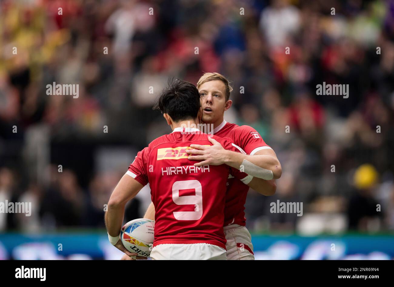 Canada's Harry Jones, right, and Nathan Hirayama celebrate Jones' try ...