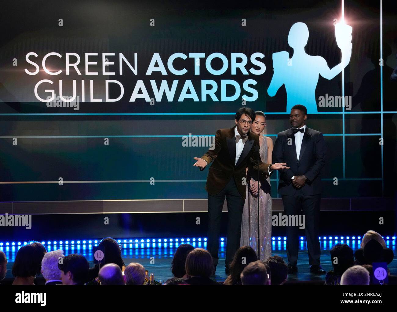 Diego Calva, from left, Li Jun Li and Jovan Adepo, members of the cast ...