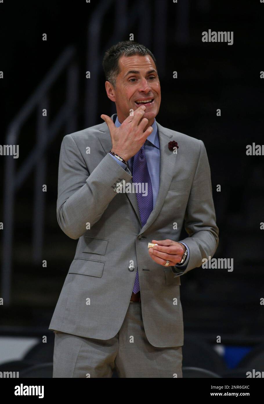 LOS ANGELES, CA - MARCH 06: Los Angeles Lakers GM Rob Pelinka apply lip ...