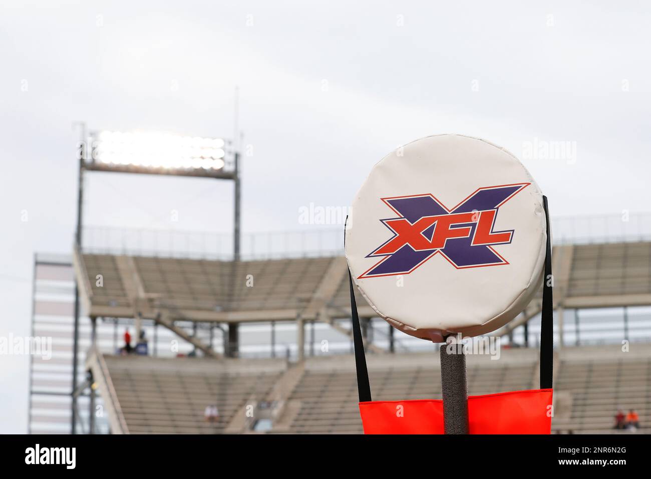 A detail view of the XFL logo on a first down marker during an XFL ...