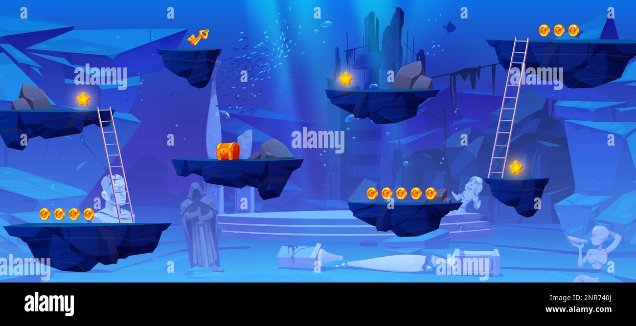 Floating rock islands vector game underwater landscape. Ui level map ...