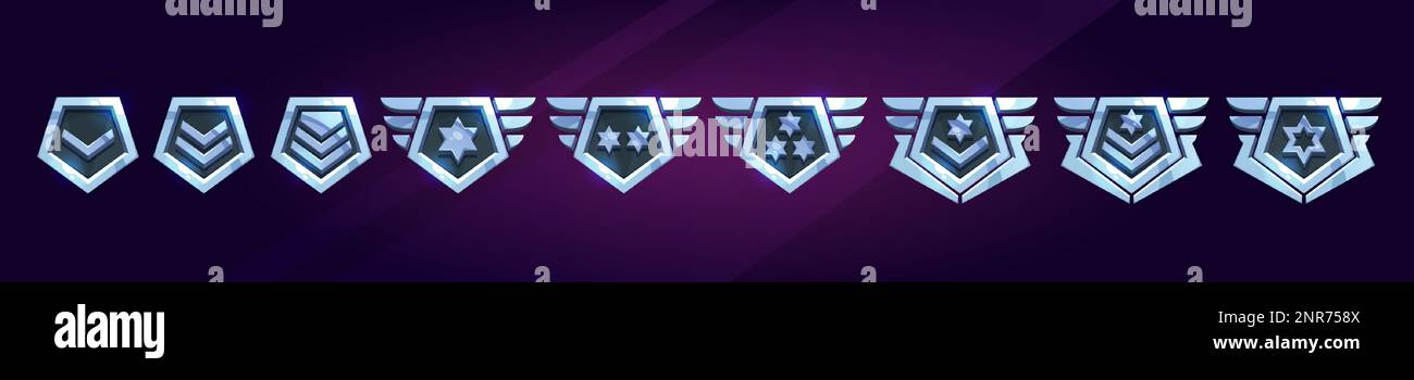 Set of military game rank badges isolated on background. Vector cartoon ...