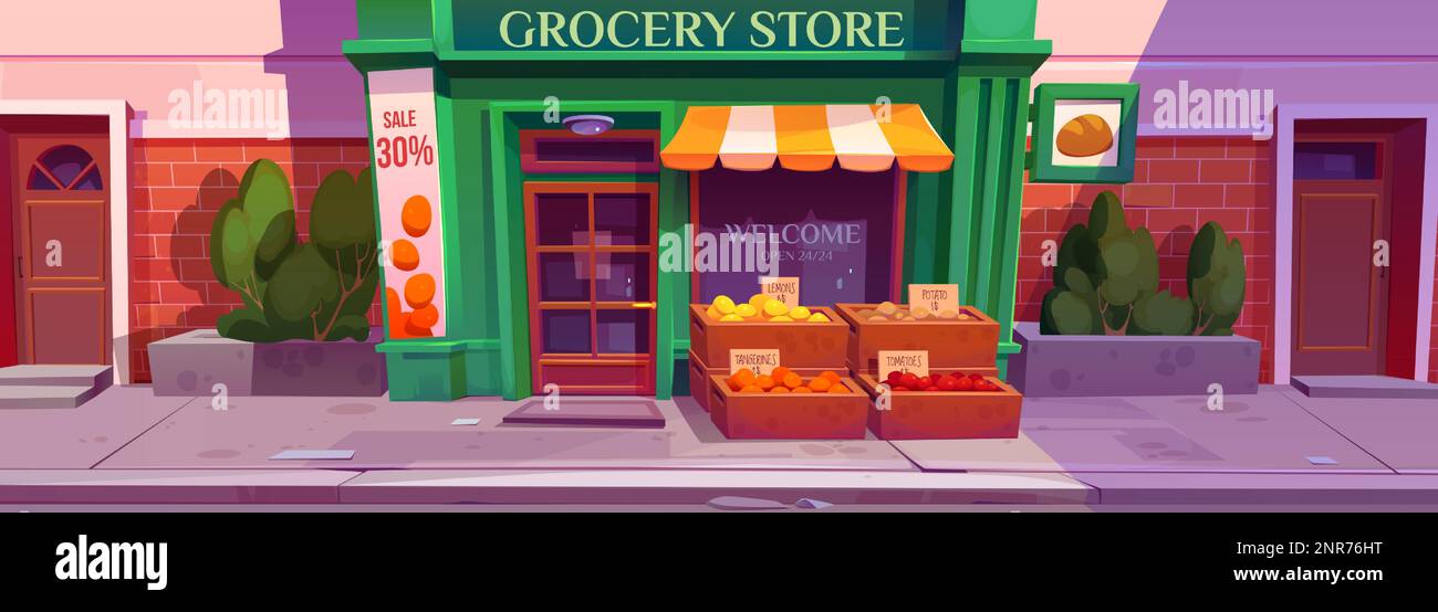 Grocery store front on morning city street. Vector cartoon illustration ...