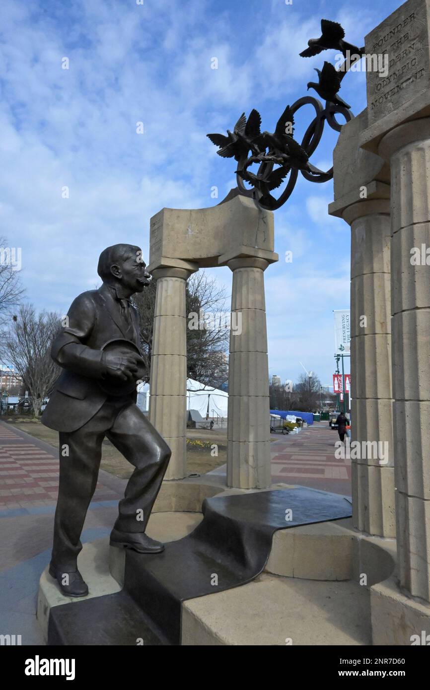 Detailed view of bronze statue of Baron Pierre de Coubertin, the ...