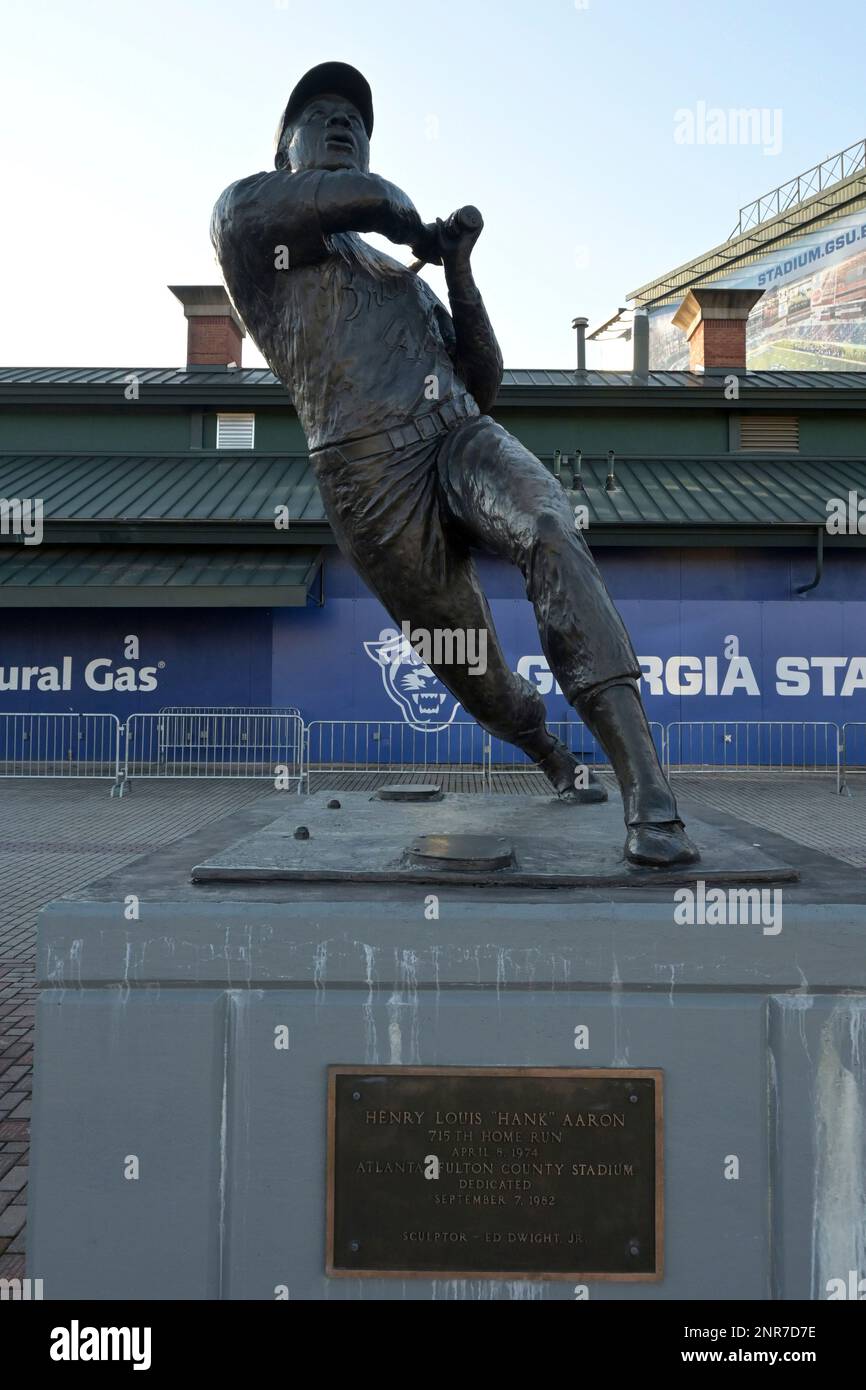 General overall view of Hank Aaron statue at Georgia State Stadium ...