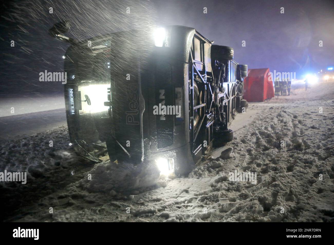 A bus from Croatia is tipped over on his side after hits by gusty winds ...