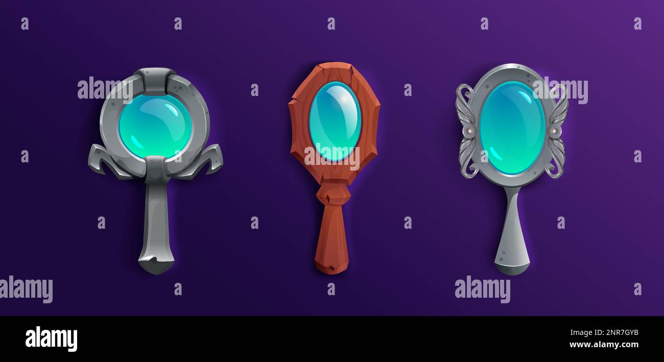 Set of cartoon hand mirrors in stone, wood and metal frames isolated on ...