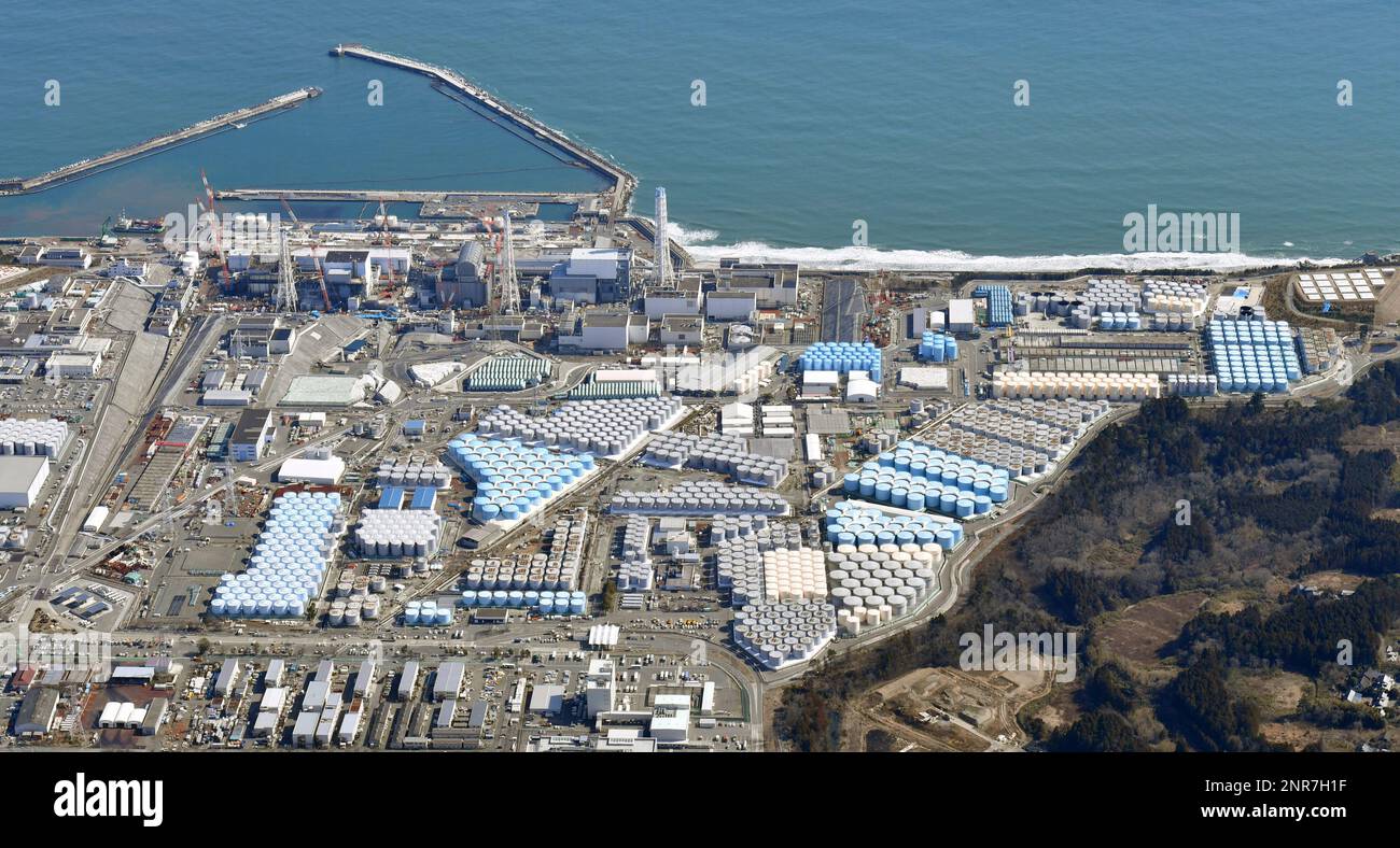 An aerial photo shows the Fukushima No.1 Nuclear Power Plant in Okuma ...