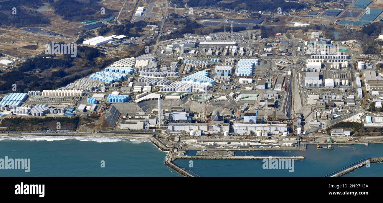An aerial photo shows the Fukushima No.1 Nuclear Power Plant in Okuma ...