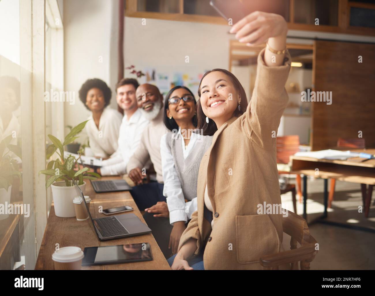 Selfie, friends and social media with a business team working in a ...