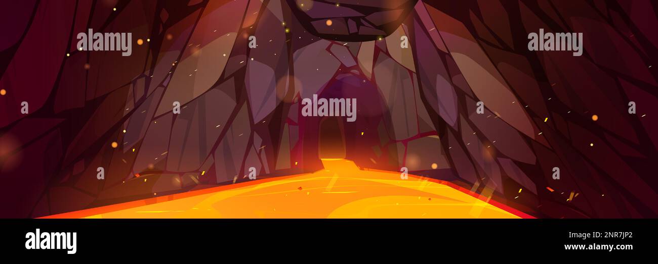 Hot lava river in dark cave. Vector cartoon illustration of underground ...