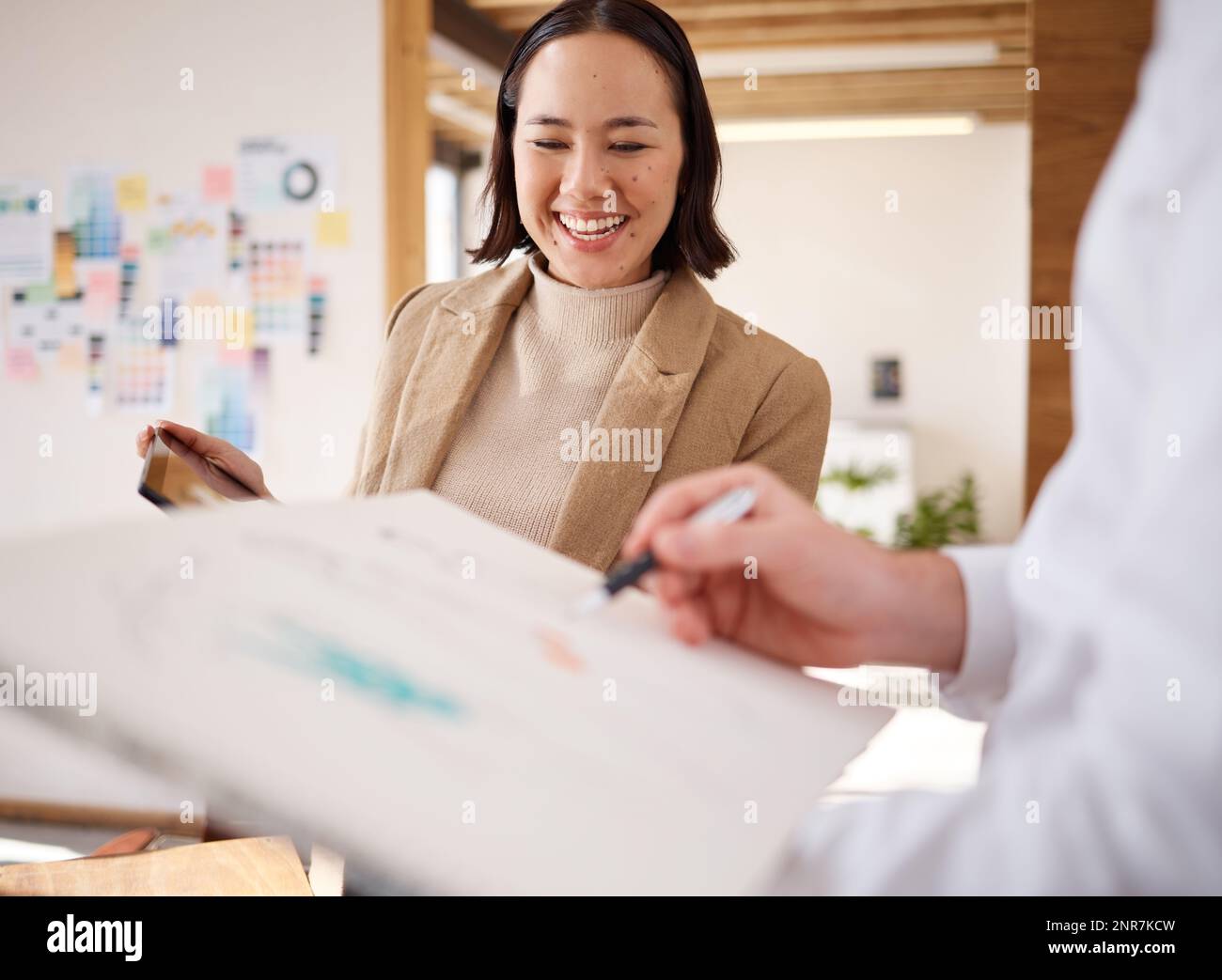 Happy asian woman, hands and sketch book in drawing for fashion design ...