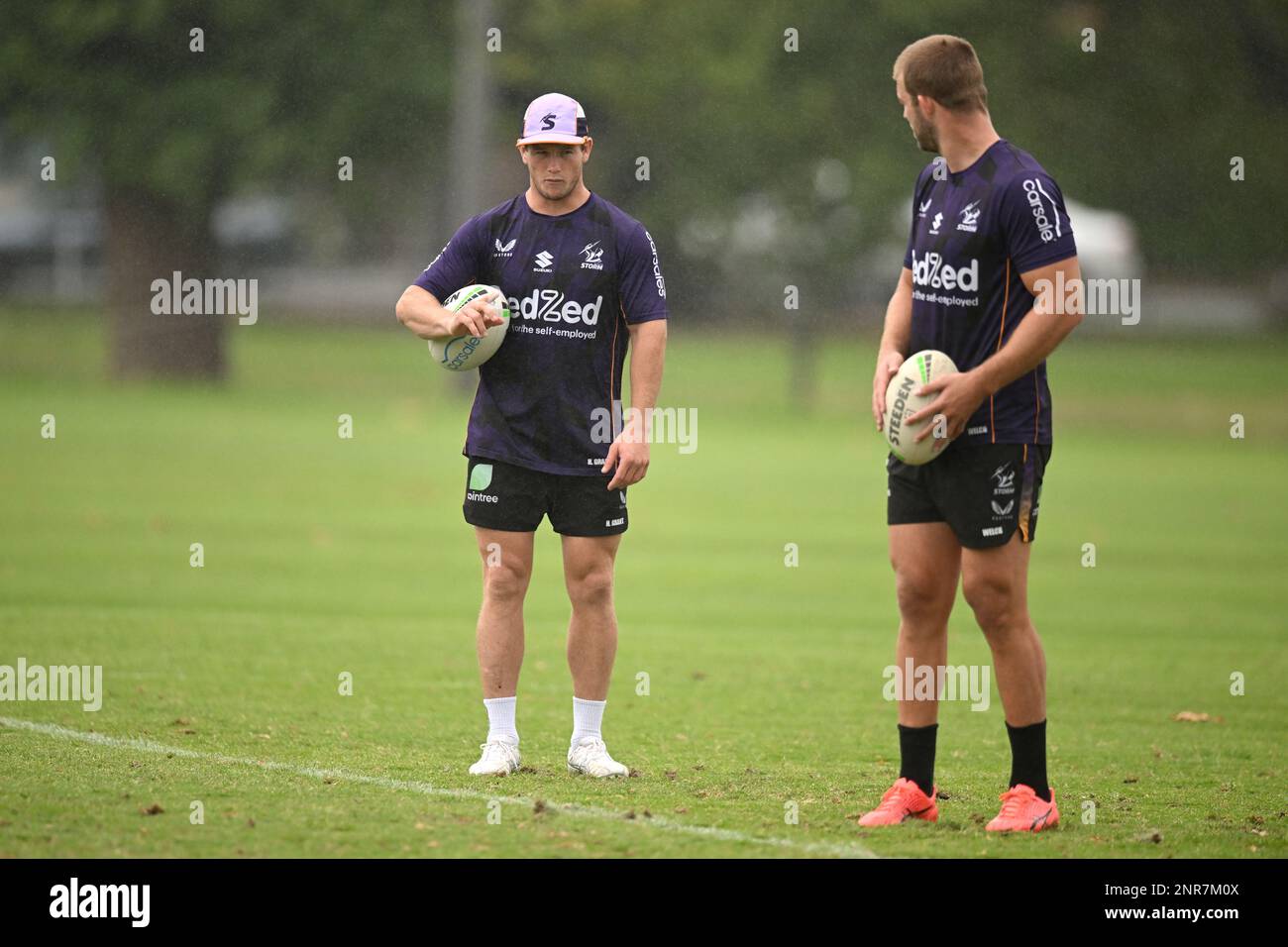 Harry Grant (left) of the Storm trains during an NRL Storm training ...
