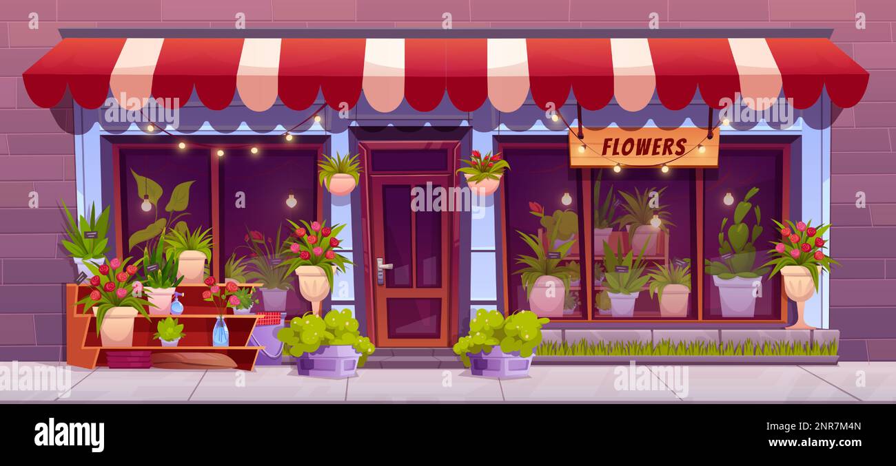 Flowers shop facade with window, door and cute plants in pots and vases ...