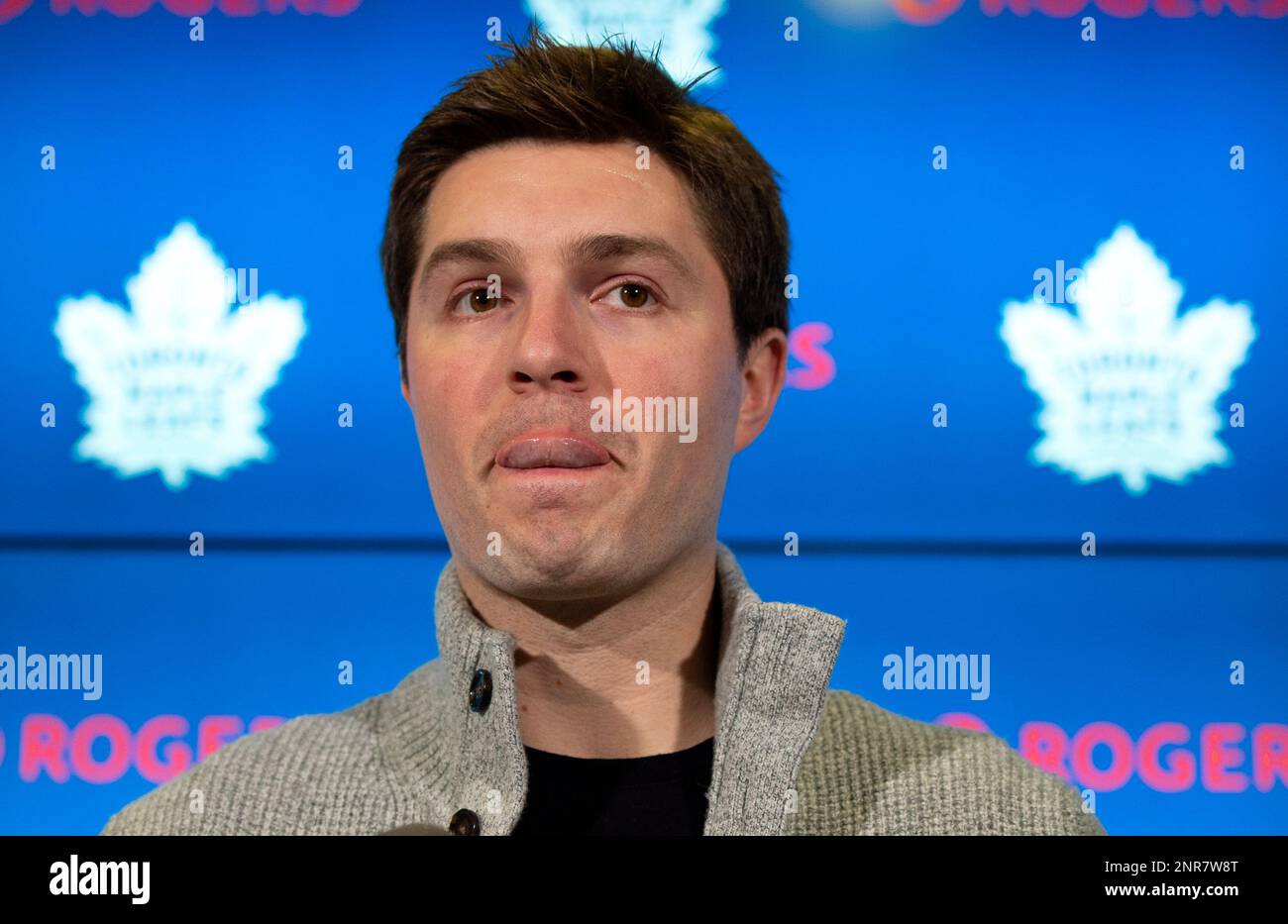Toronto Maple Leafs general manager Kyle Dubas holds an NHL hockey news ...