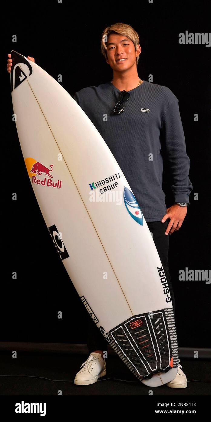 Japanese surfer Kanoa Igarashi poses for photo in Tokyo on Feb. 22 ...