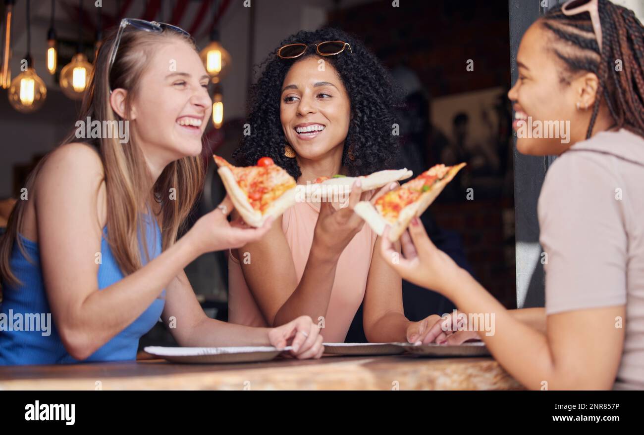 Woman, friends and laughing with pizza for funny joke, meme or ...