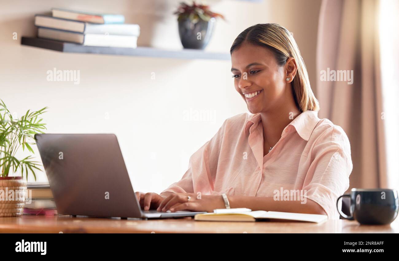 Computer, planning and black woman or student online course, e learning ...