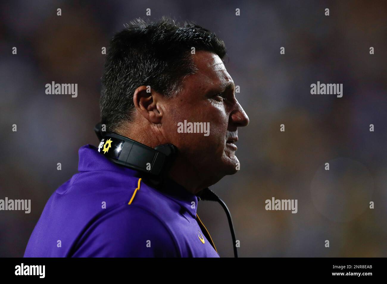 LSU head coach Ed Orgeron coaches from the sideline during an NCAA ...