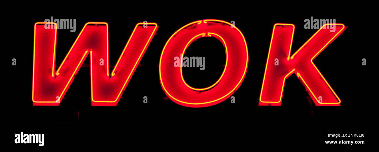 Neon light shaped into the word “Wok” which is a round-bottomed fry pan ...