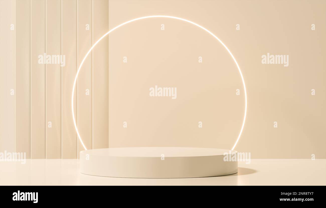 Circular stage with white podium in center, surrounded by a ring light ...