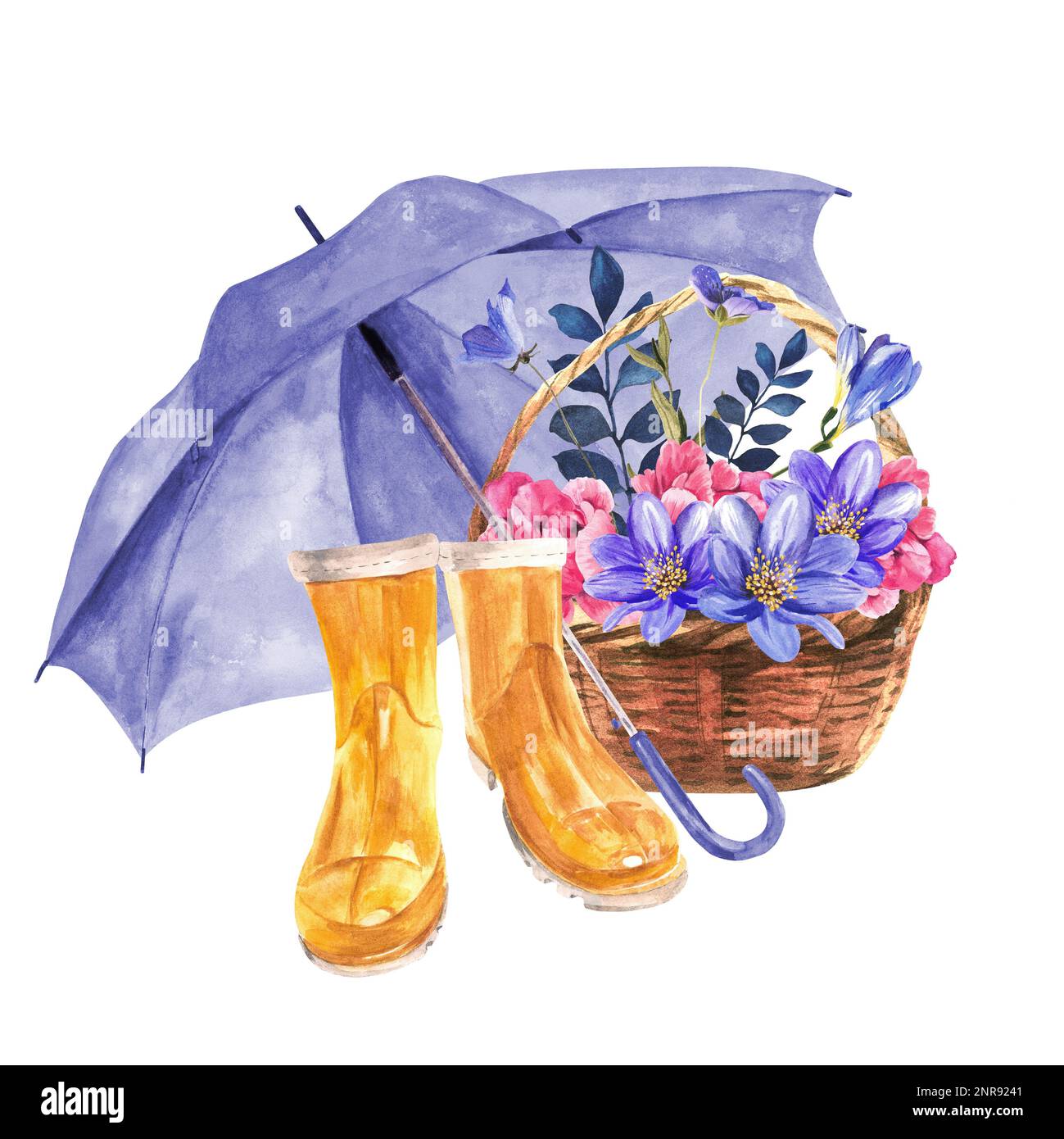 Garden spring flowers Romantic set. Large umbrella, rubber boots and a ...