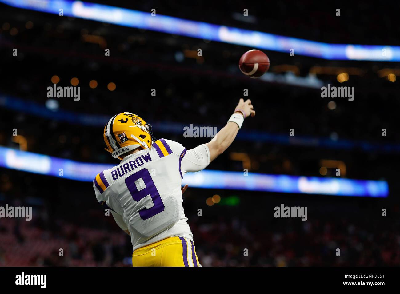 LSU quarterback Joe Burrow (9) throws the ball in warm ups prior to the ...