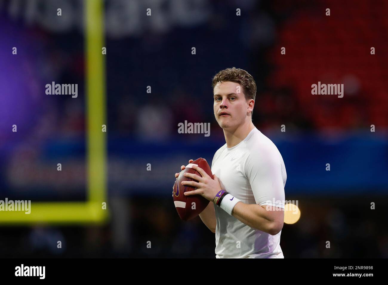 LSU quarterback Joe Burrow (9) throws the ball in warm ups prior to the ...