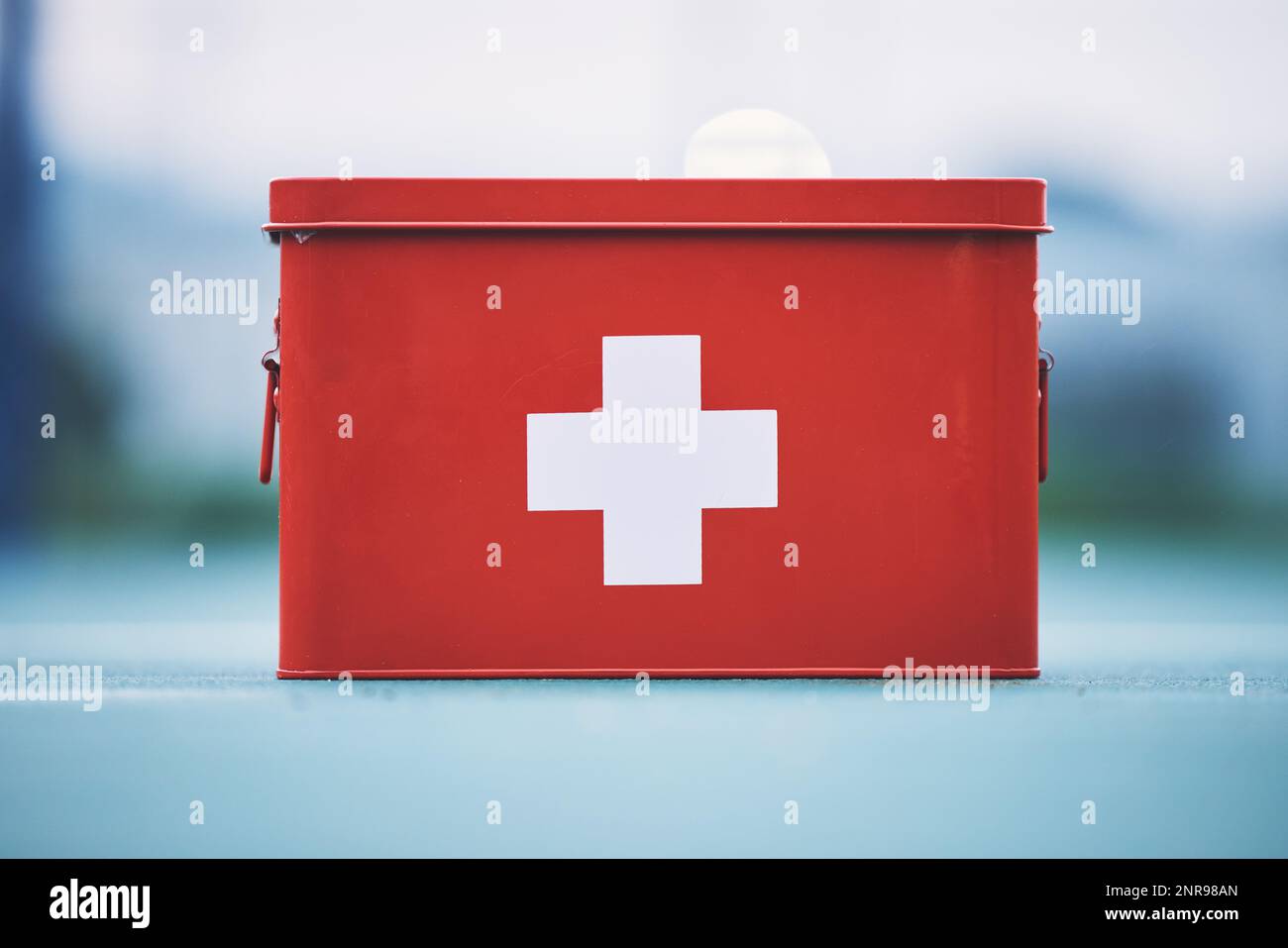 First aid, box and medical equipment for health emergency, response and ...