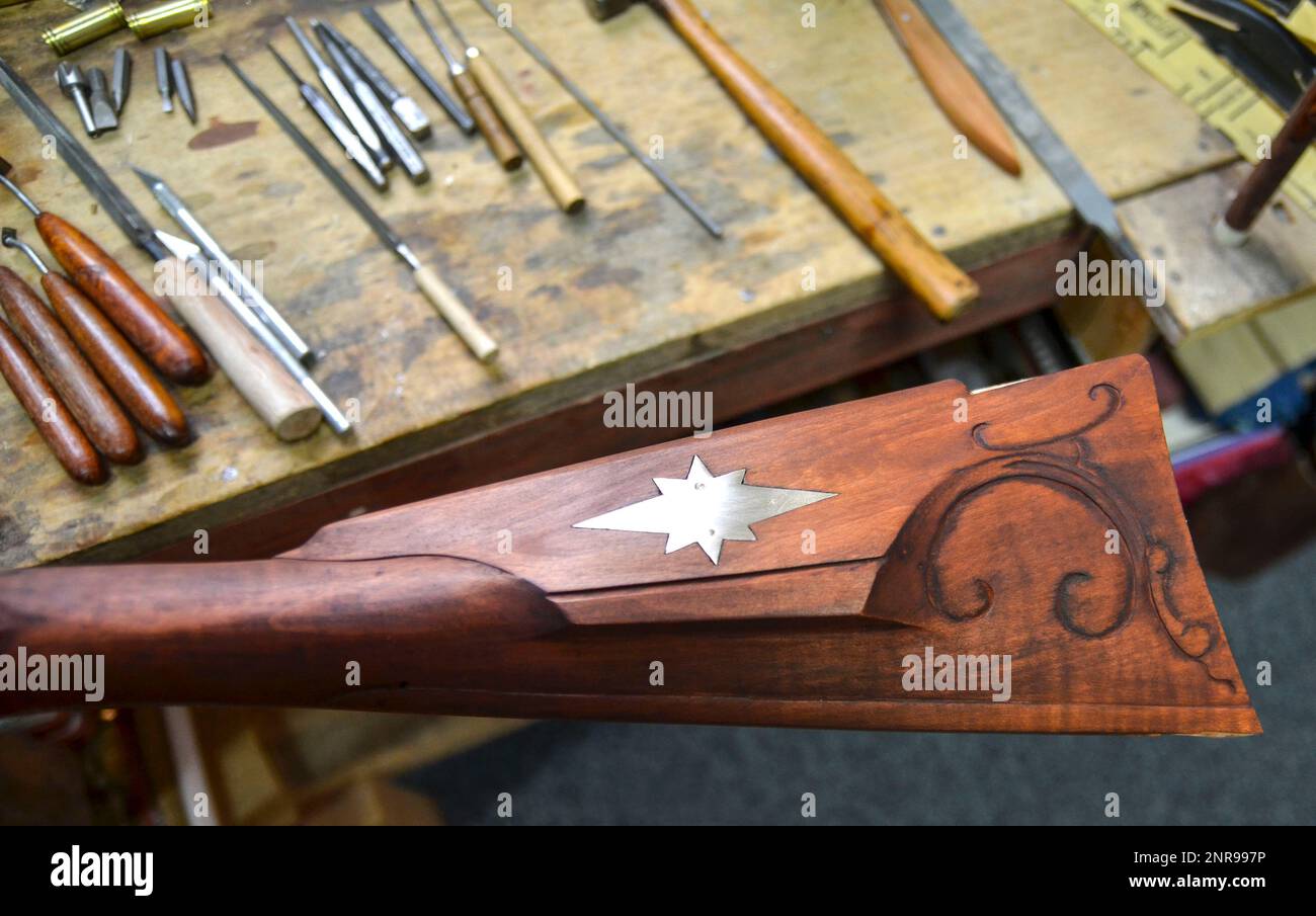 This Sunday, Feb. 2, 2020 photo, shows a longrifle that Sam Gorham is ...