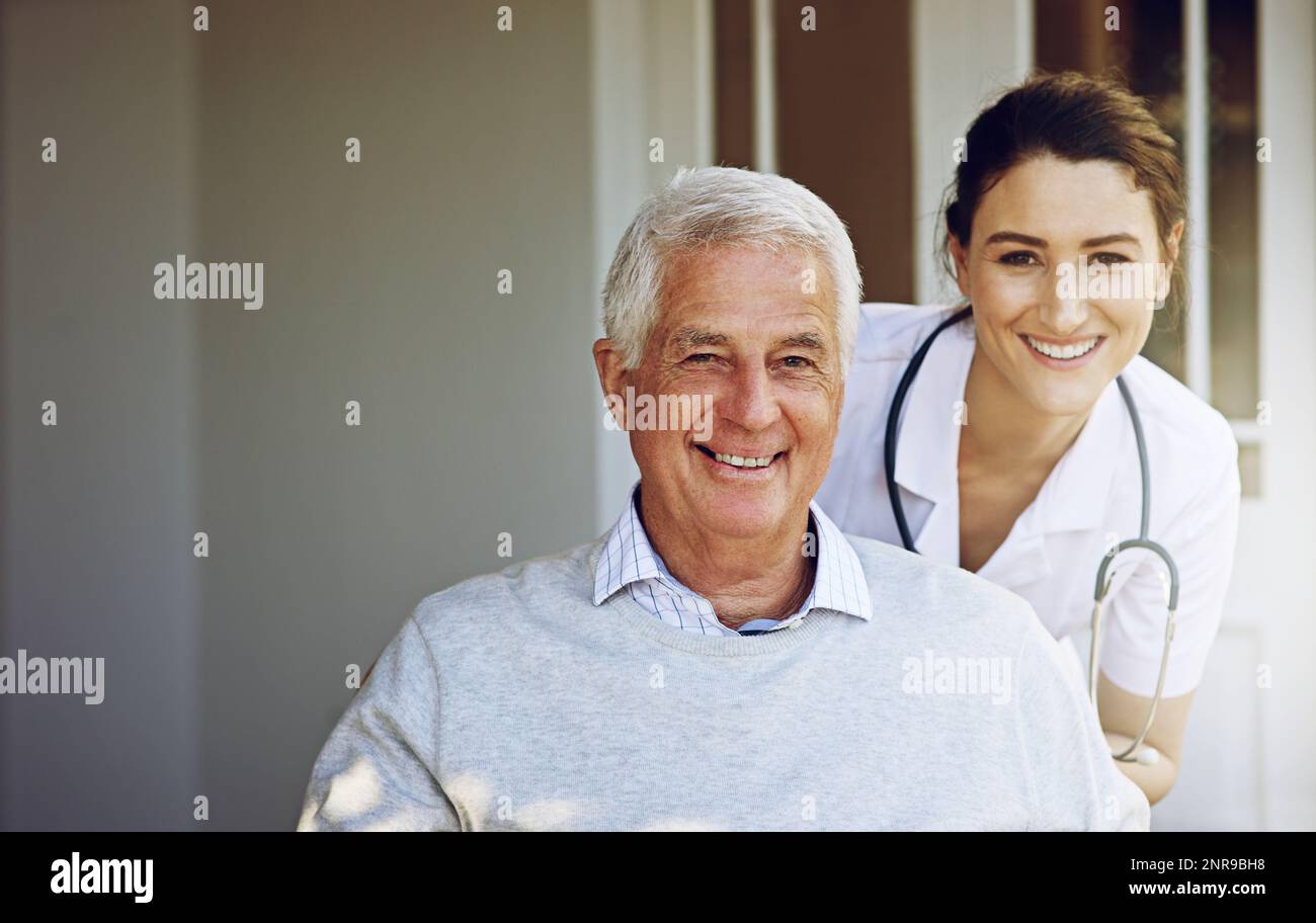 Portrait, smile and old man in wheelchair with caregiver at nursing ...