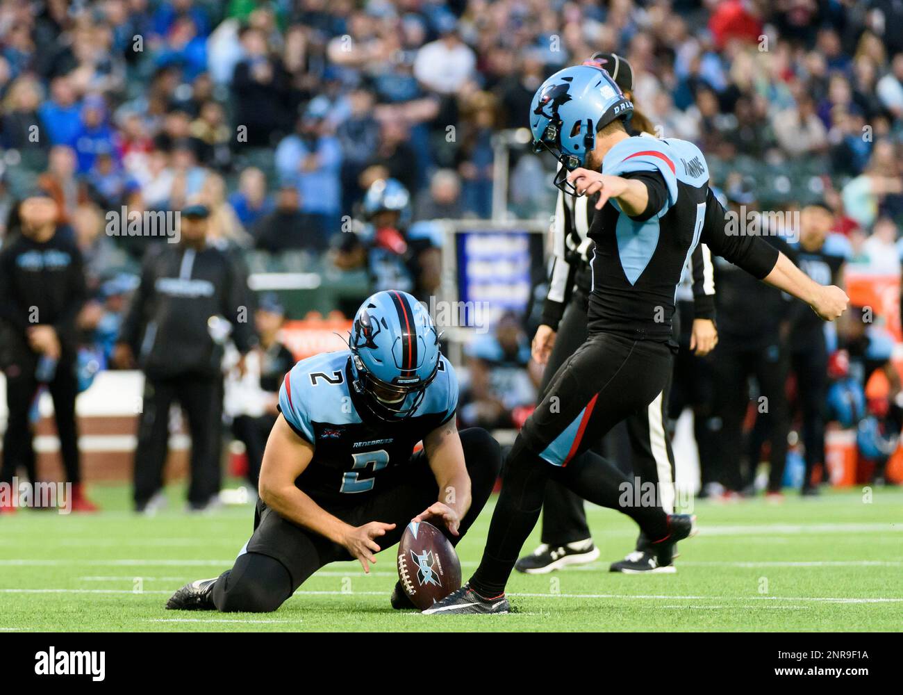 February 9 2020: Dallas Renegades punter Drew Galitz (2) hols the ball ...