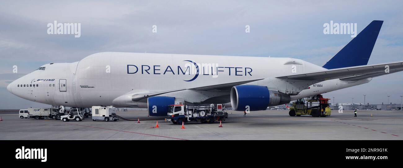 A photo shows Boeing 747 Dreamlifter (Boeing 747-400 LCF) at Chubu Centrair International ...