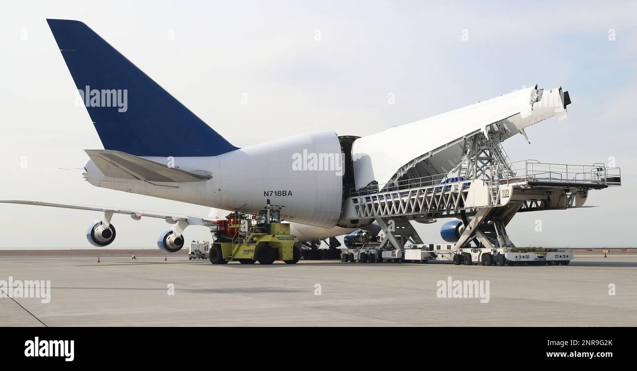 A photo shows Boeing 747 Dreamlifter (Boeing 747-400 LCF) at Chubu Centrair International ...