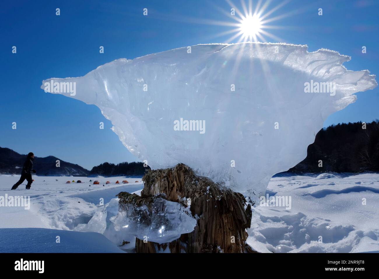 Kinoko Kori, mushroom shaped ice, is pictured on a man-made frozen lake ...