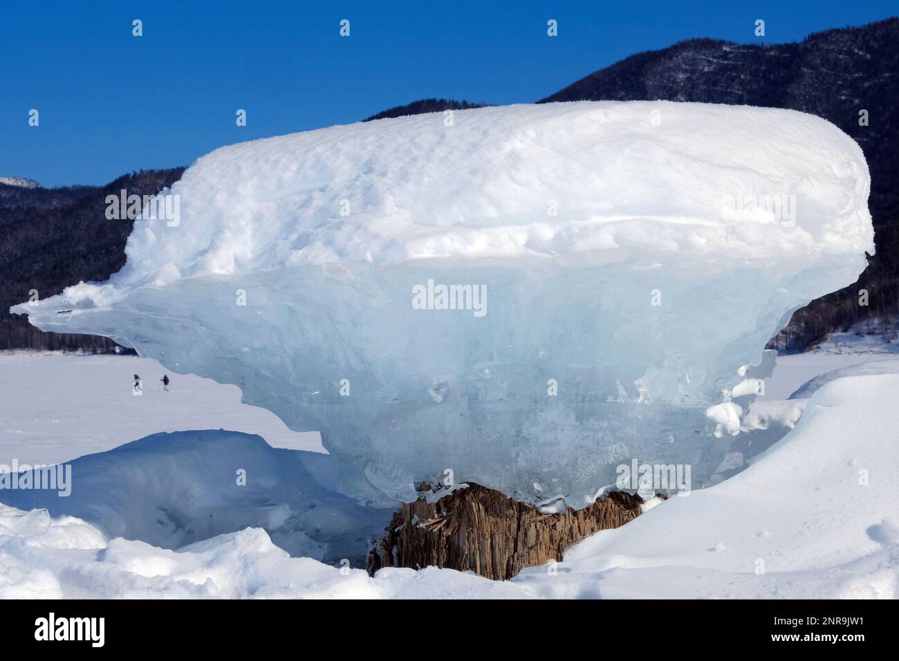 Kinoko Kori, mushroom shaped ice, is pictured on a man-made frozen lake ...