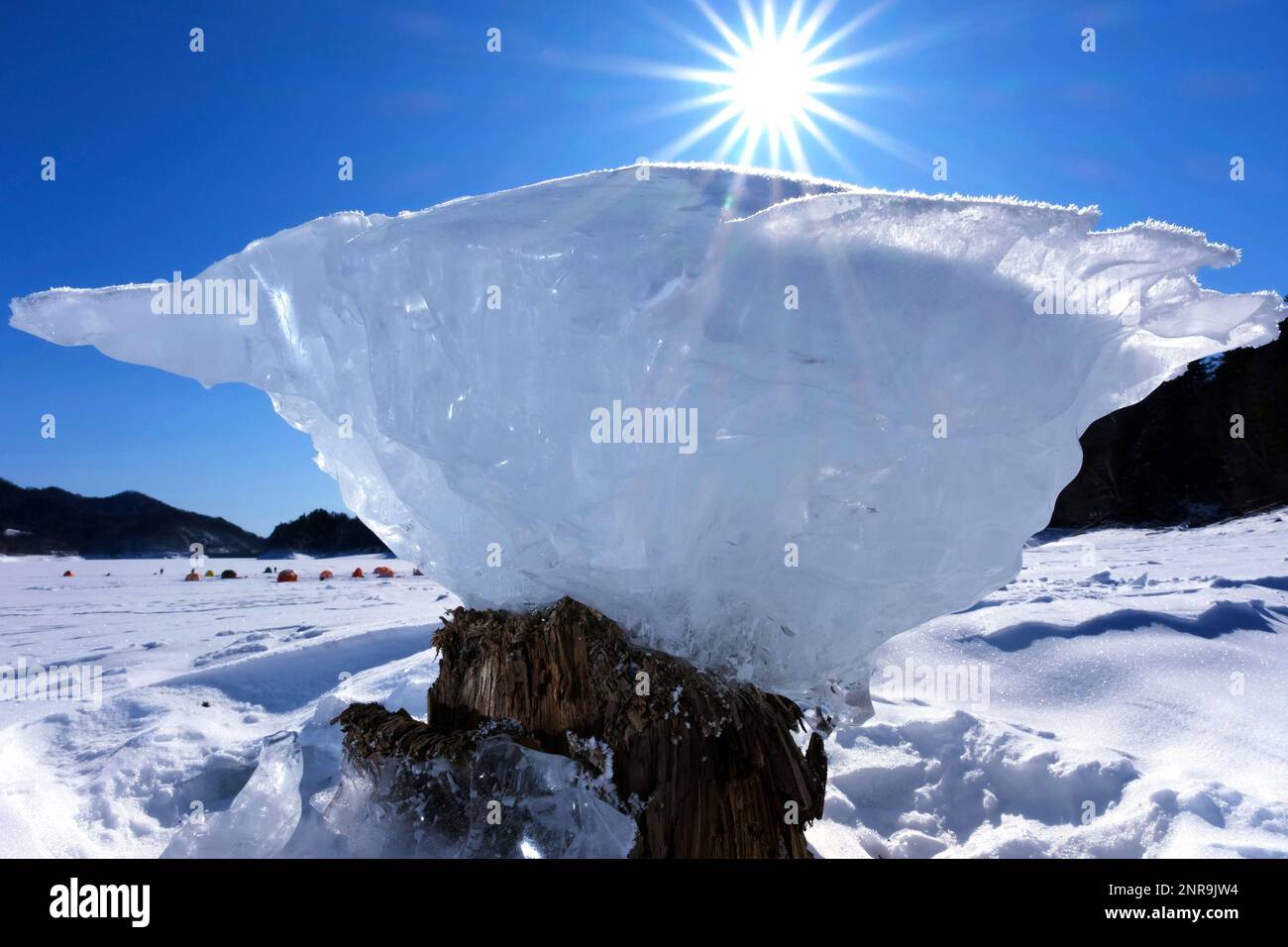 Kinoko Kori, mushroom shaped ice, is pictured on a man-made frozen lake ...