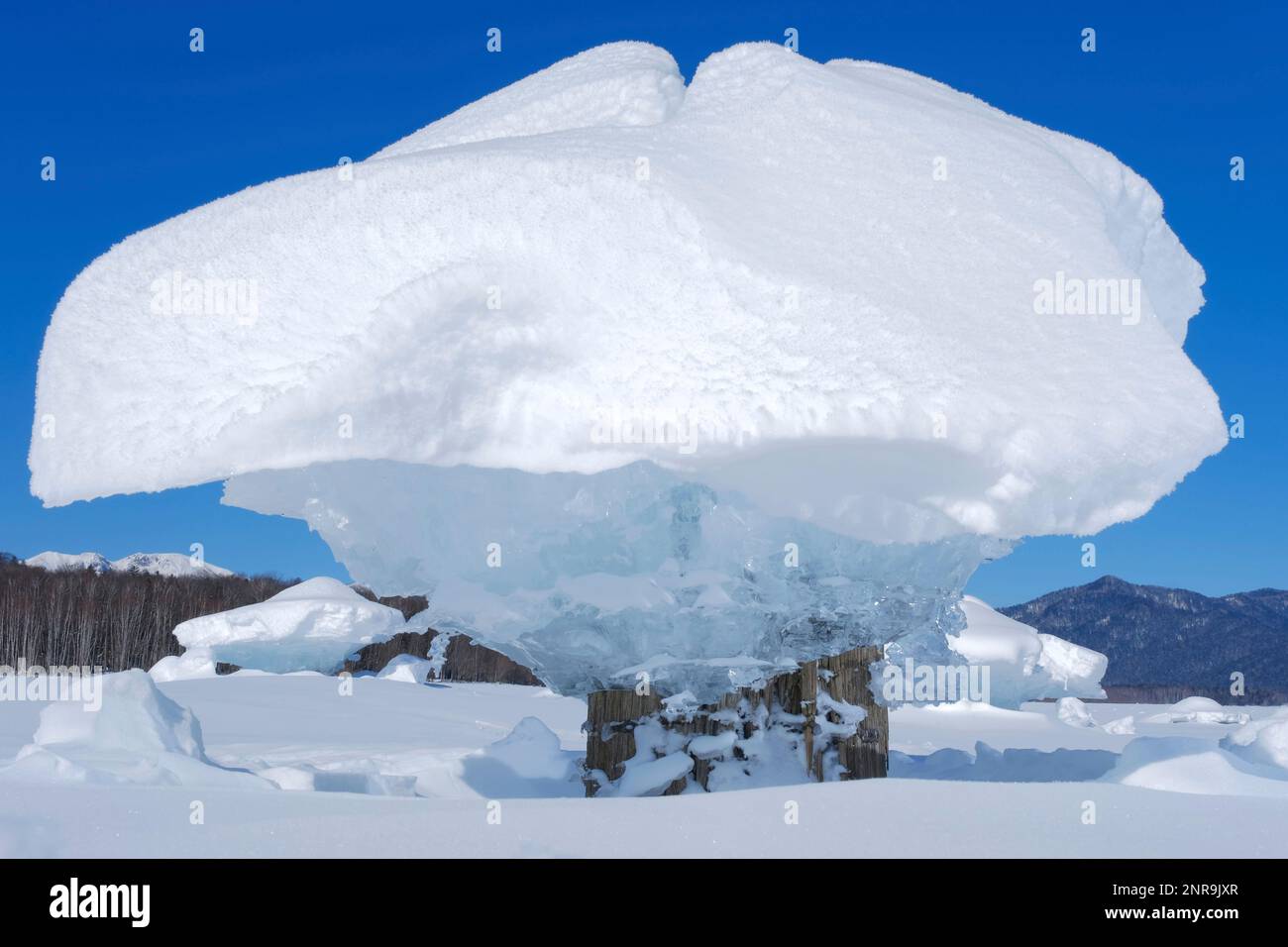 Kinoko Kori, mushroom shaped ice, is pictured on a man-made frozen lake ...