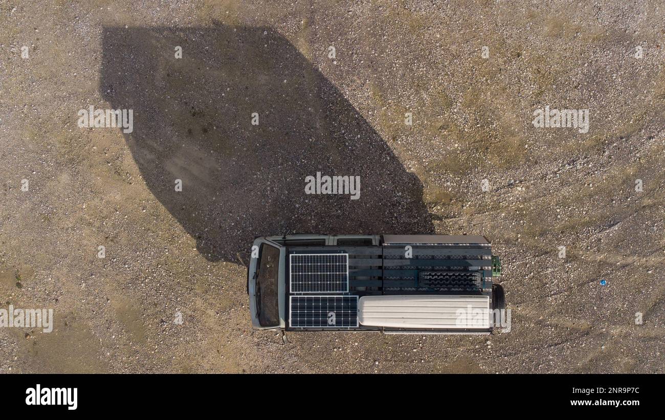 Solar panels installed on a RV or camper vehicle. Dual solar collectors ...