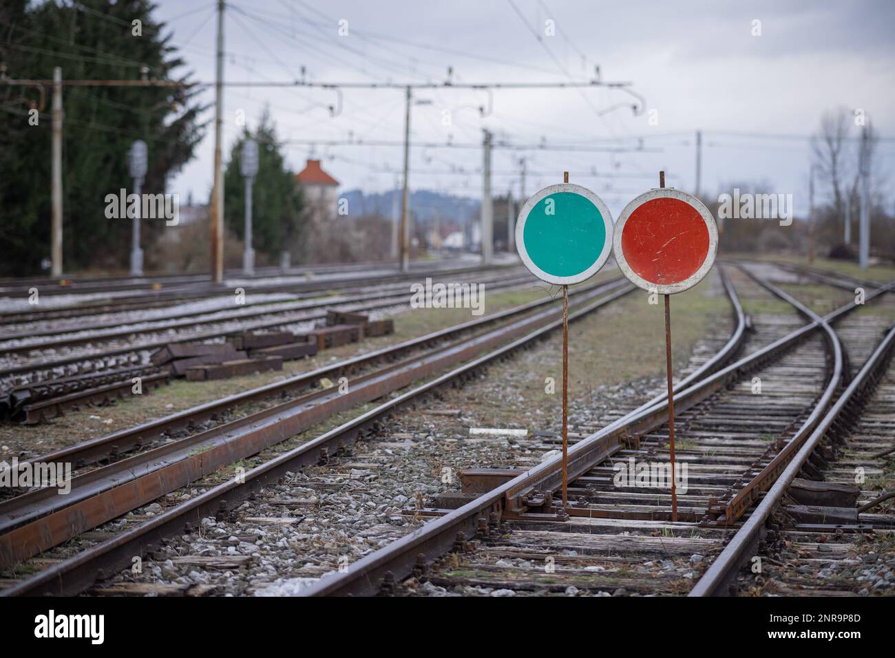 Two signs for closed railway track standing on tracks as a visual note ...