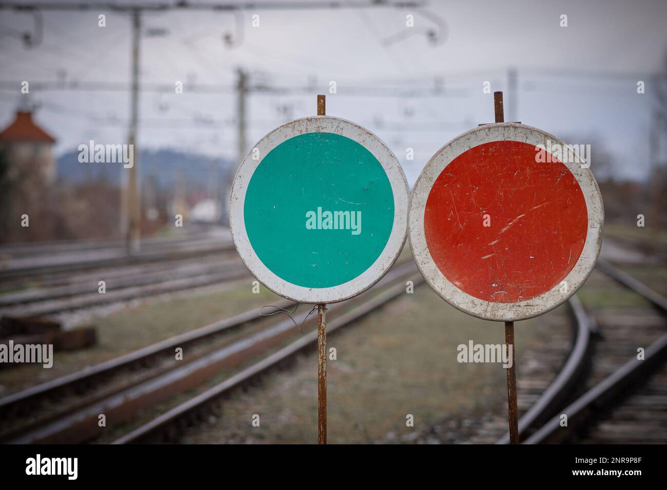 Two signs for closed railway track standing on tracks as a visual note ...