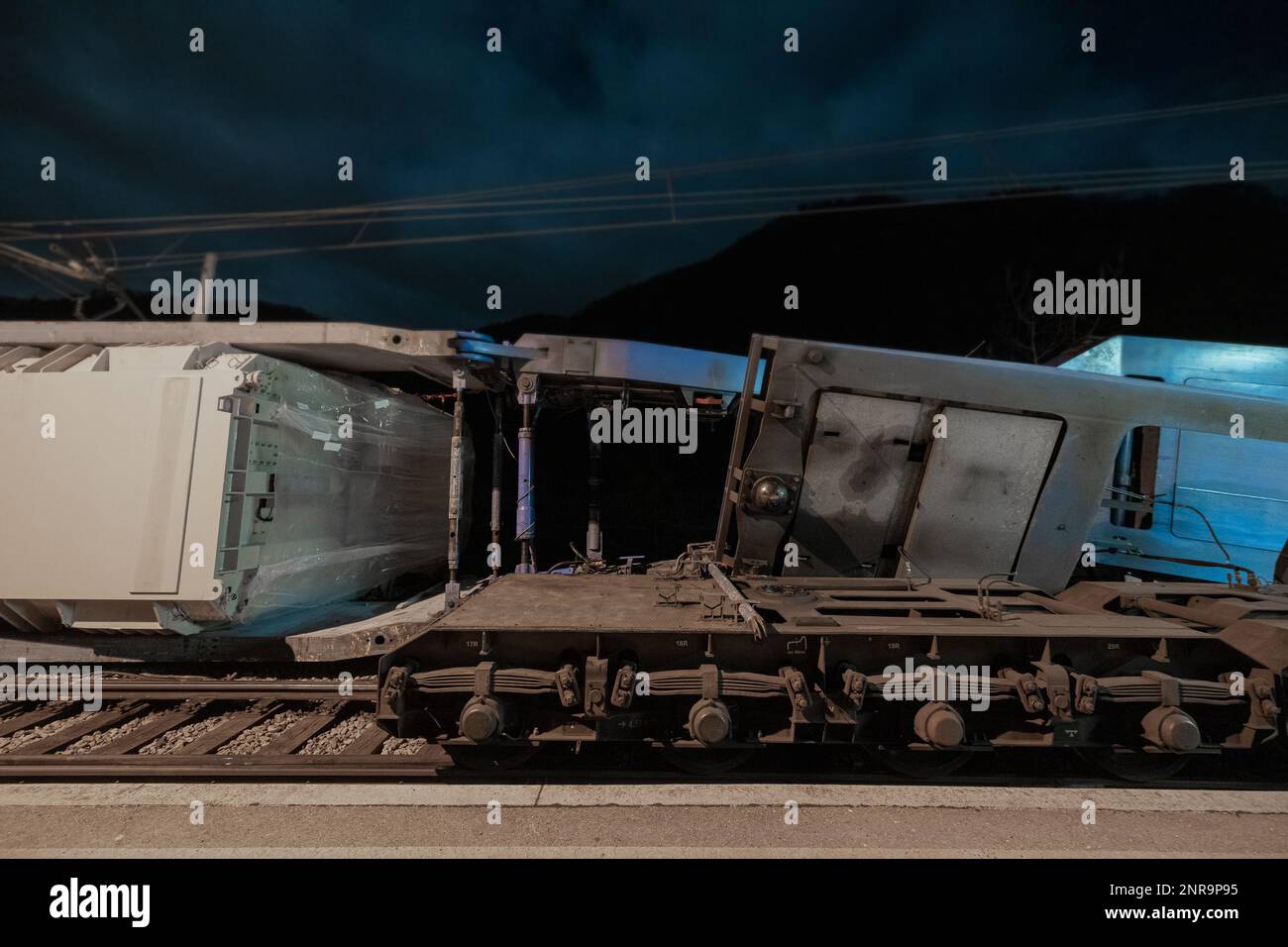 Heavy and wide load of electric transformer on a special train rolled ...