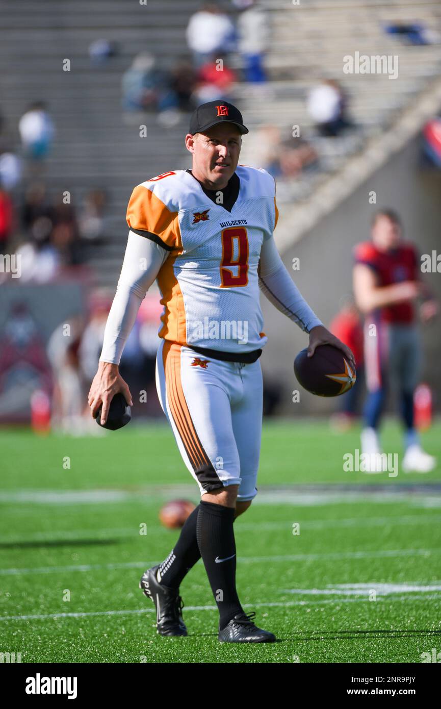 HOUSTON, TX - FEBRUARY 08: LA Wildcats kicker Nick Novak (9) warms up ...
