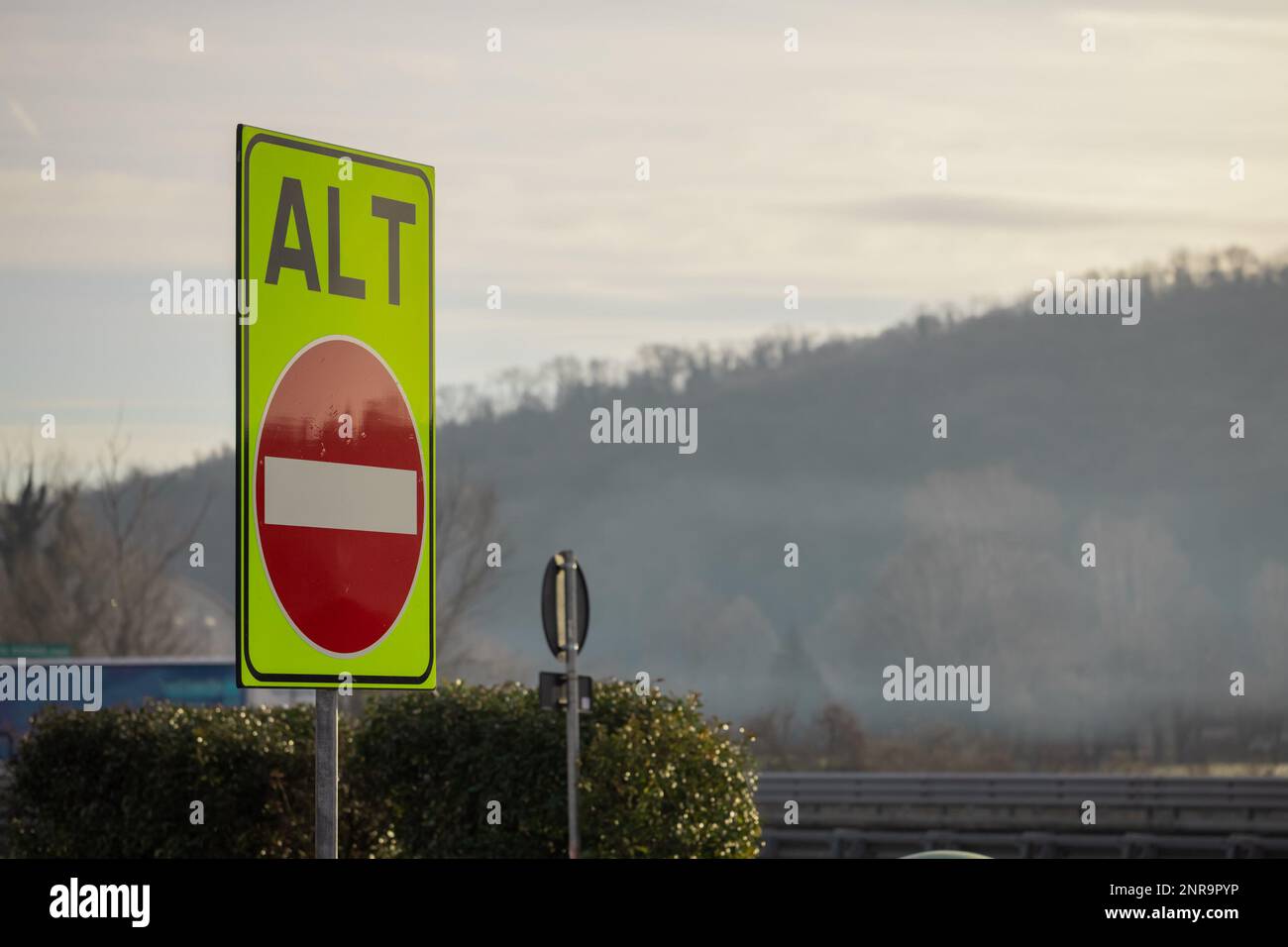 Wrong or one way signal on italian motorway with writing alt or stop ...