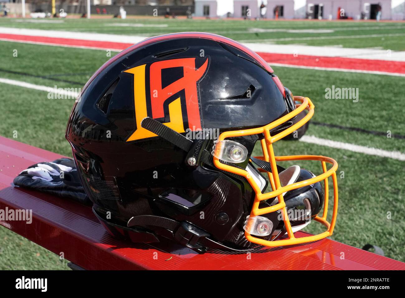 Detailed view of Los Angeles Wildcats helmet during practice, Wednesday ...