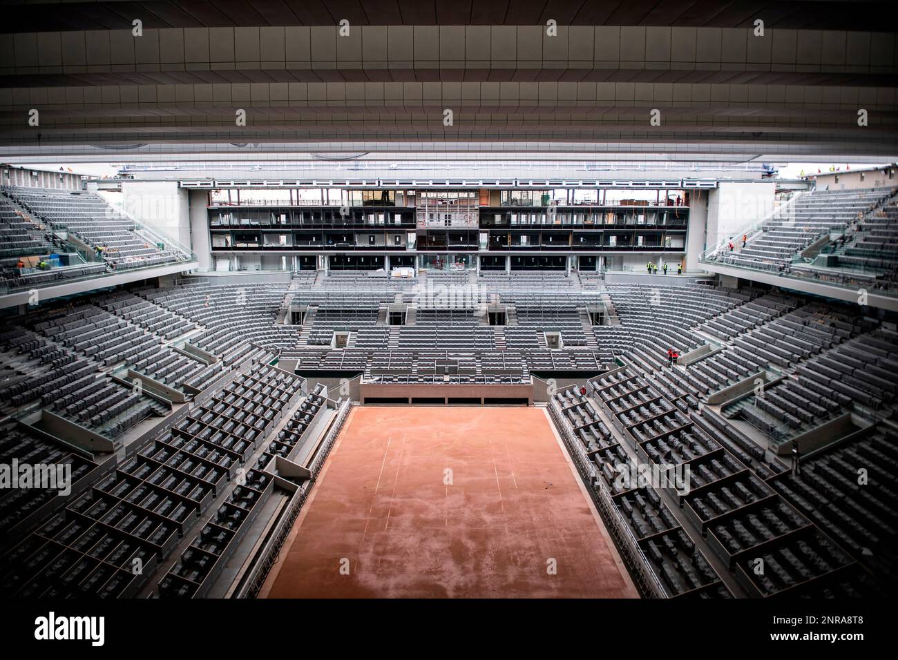 The construction work of the newly built roof of the Philippe Chatrier ...