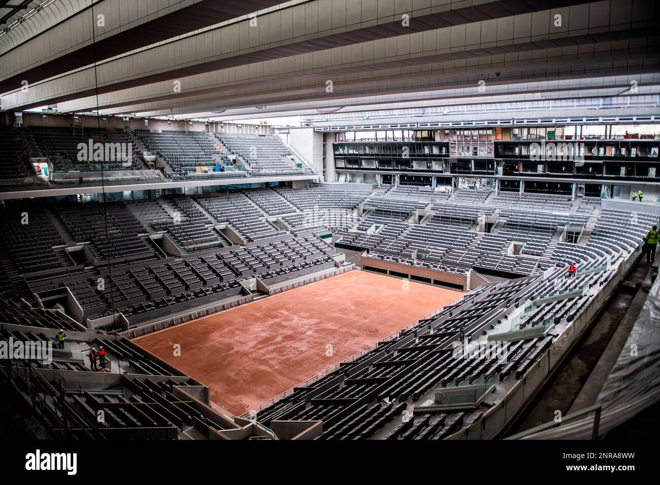 The construction work of the newly built roof of the Philippe Chatrier ...