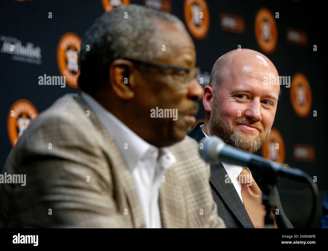 James Click, the newly-hired Houston Astros general manager, listens as ...