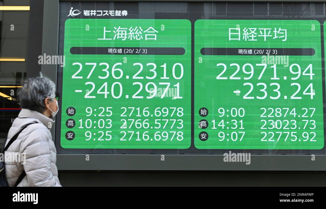 A monitor shows the Nikkei stock average rate and Shanghai Stock ...